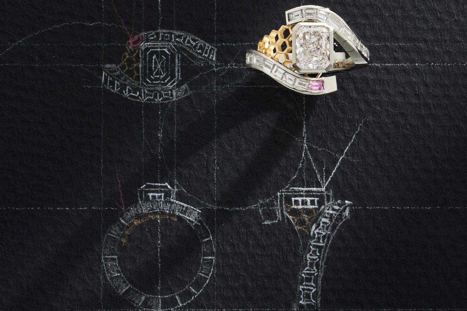 One-of-a-Kind Radiant Diamond Ring with Diamond Channel and Honeycomb