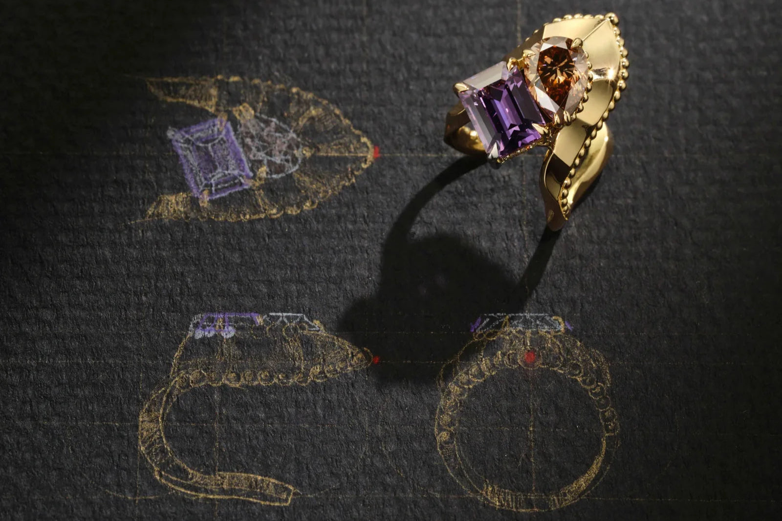One-of-a-Kind Vanki Ring with Chocolate Diamond and Purple Spinel